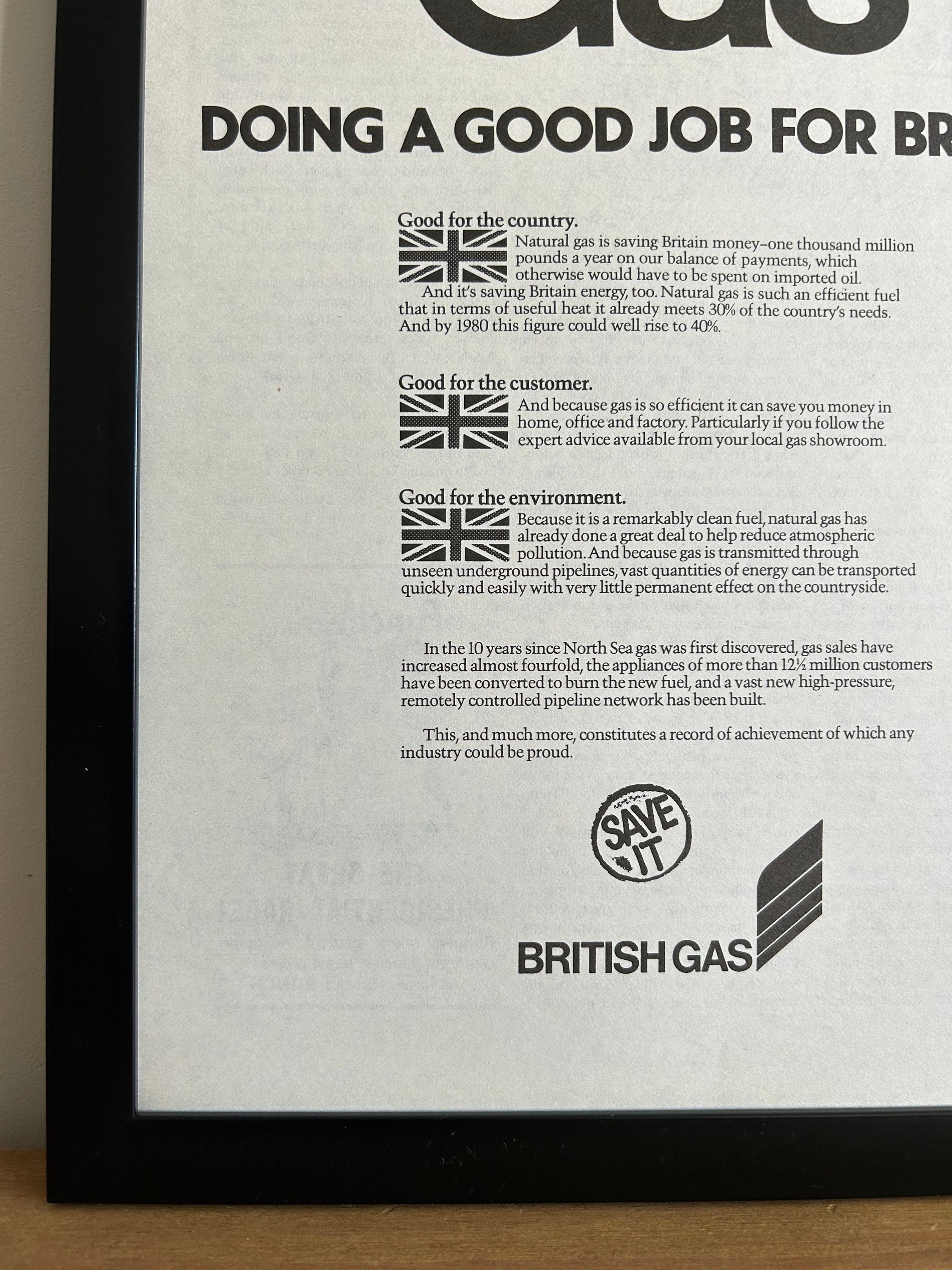 Vintage British Gas Advert, Framed 1970s Advertisement, TV Poster, Wall ...