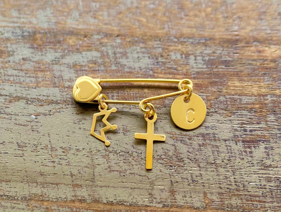 Personalised Gold Heart Crown Safety Pin Cross Brooch - Etsy