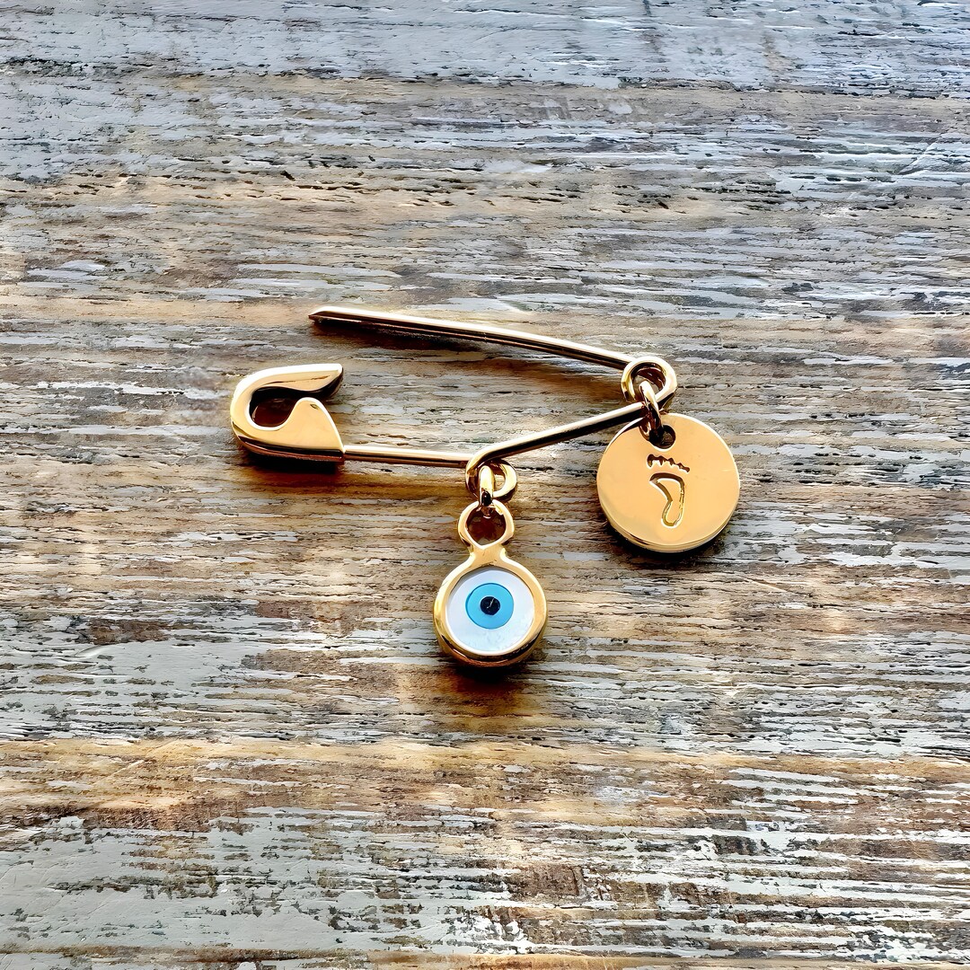 Gold Evil Eye Safety Pin Baby Feet Brooch Birth Announcement Baby Gift ...