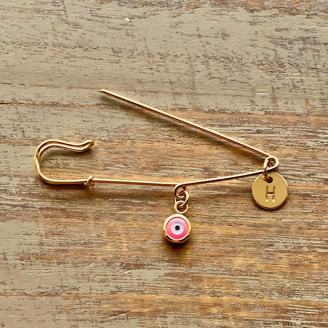 Silver Personalised Safety Pin Wire Industrial Brooch Evil Eye Baby ...