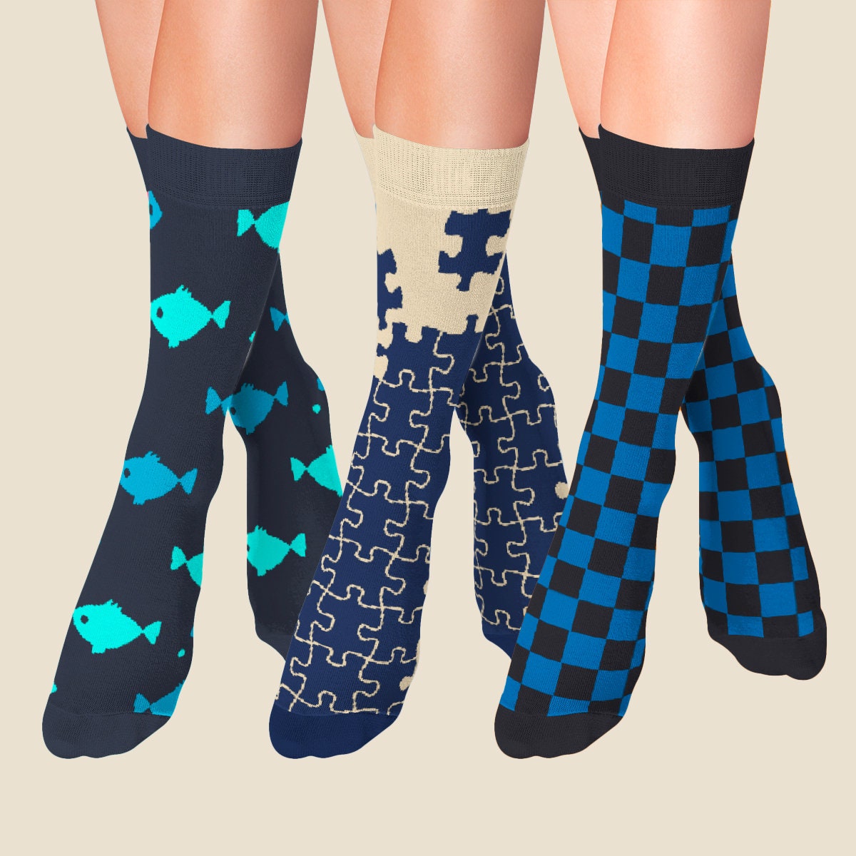 Mens Socks Multi Pack X 3 With Fishing Jigsaw & Checkered Design ...