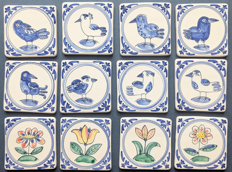 Delftware Bird and Flower Tiles - Etsy