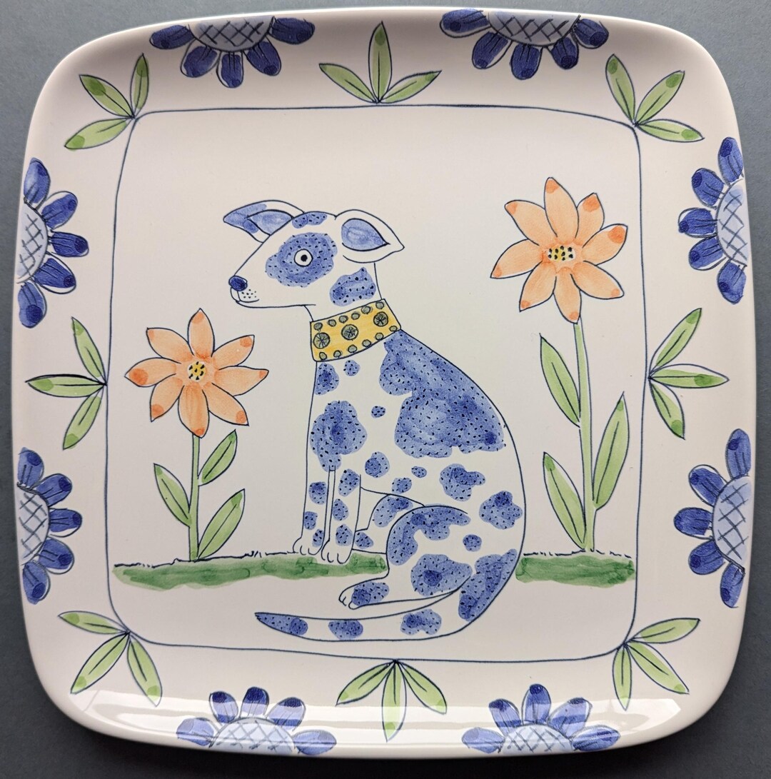 Large Square Ceramic Sitting Dog Plate - Etsy