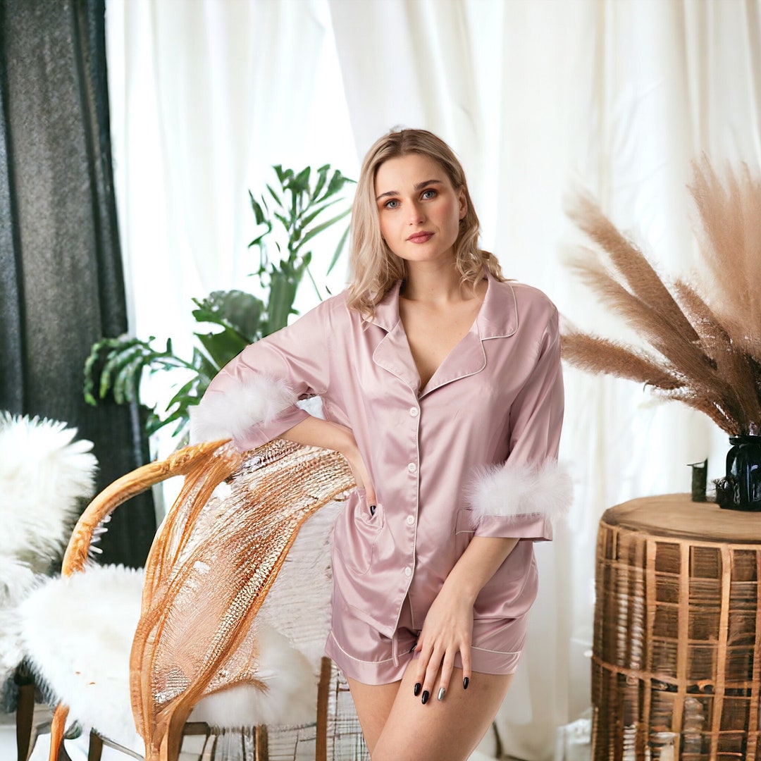 Pajamas With Feathers, Bridesmaid Feather PJ Set, Feather Cuff Pajamas ...