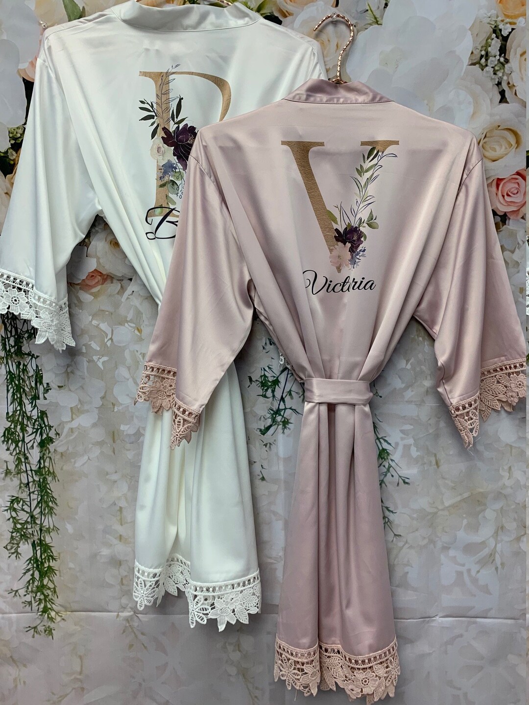 Custom Satin Bridesmaid Robe With Lace – Floral Initial Personalized ...