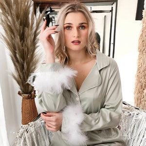 Pajamas With Feathers, Bridesmaid Feather PJ Set, Feather Cuff Pajamas ...