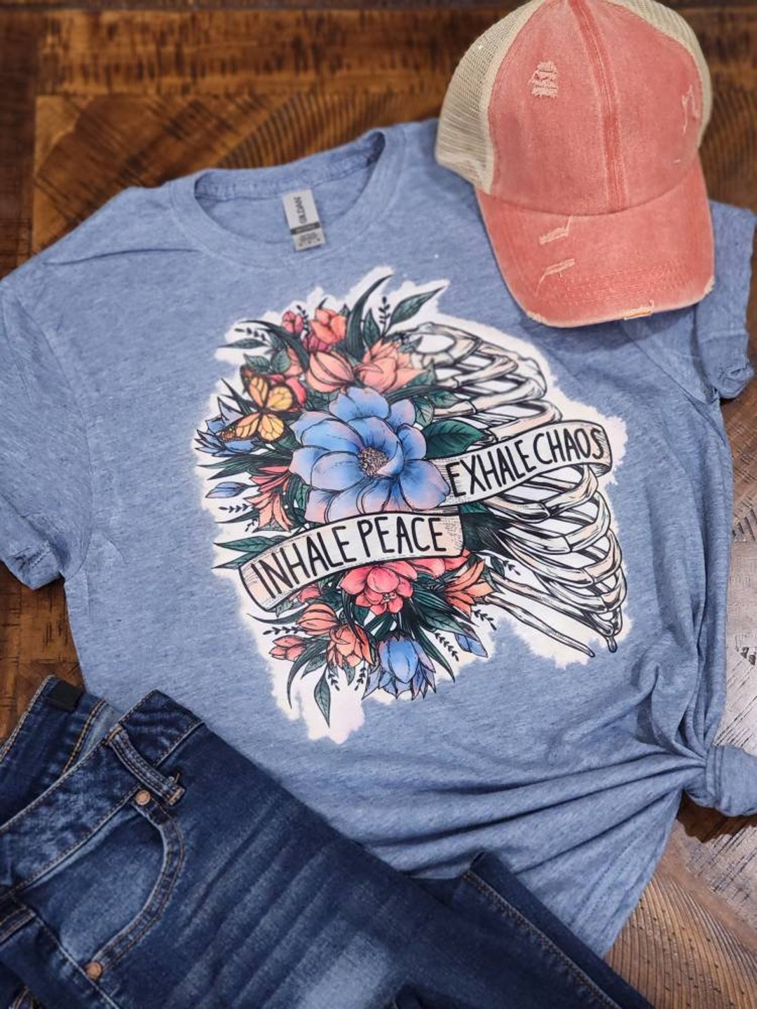 Inhale Peace Exhale Chaos Skeleton Floral Bleached Tee - Etsy
