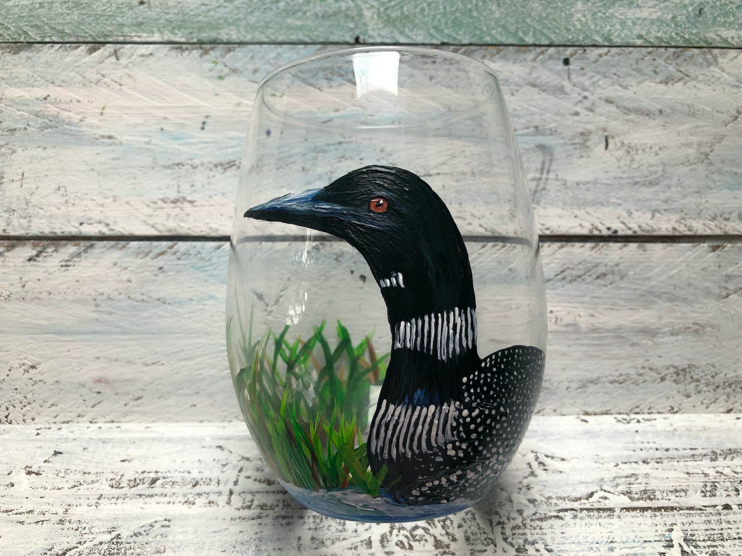 Hand Painted Loon Wine Glass Loon Stemless Wine Glass - Etsy