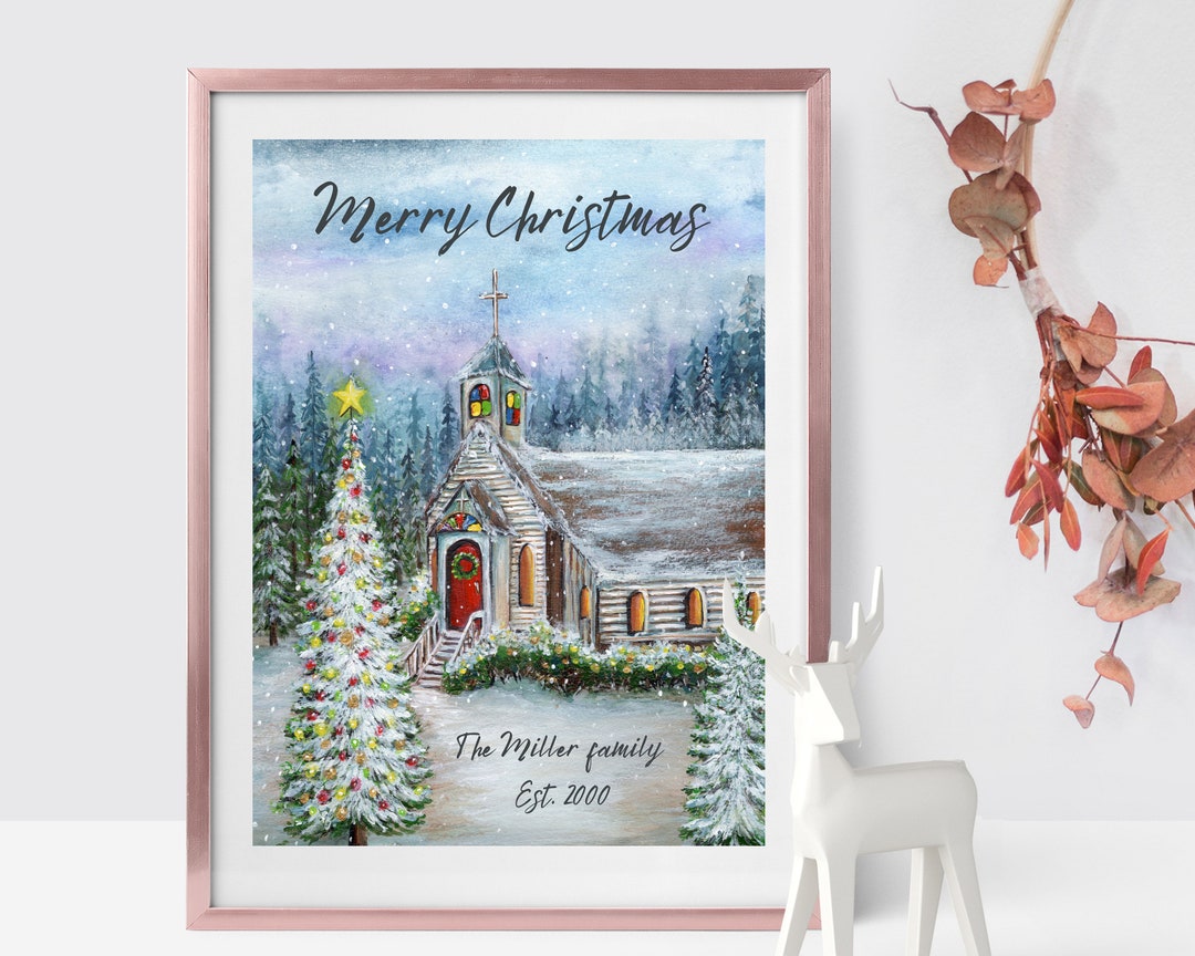 Personalized Christmas Church Art Print: Holiday Snow Decor - Etsy