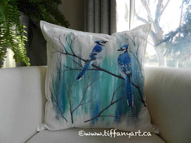 Hand Painted Pillow, Blue Jay Pillow, Bird Pillow, Blue Jay Gift, Blue ...