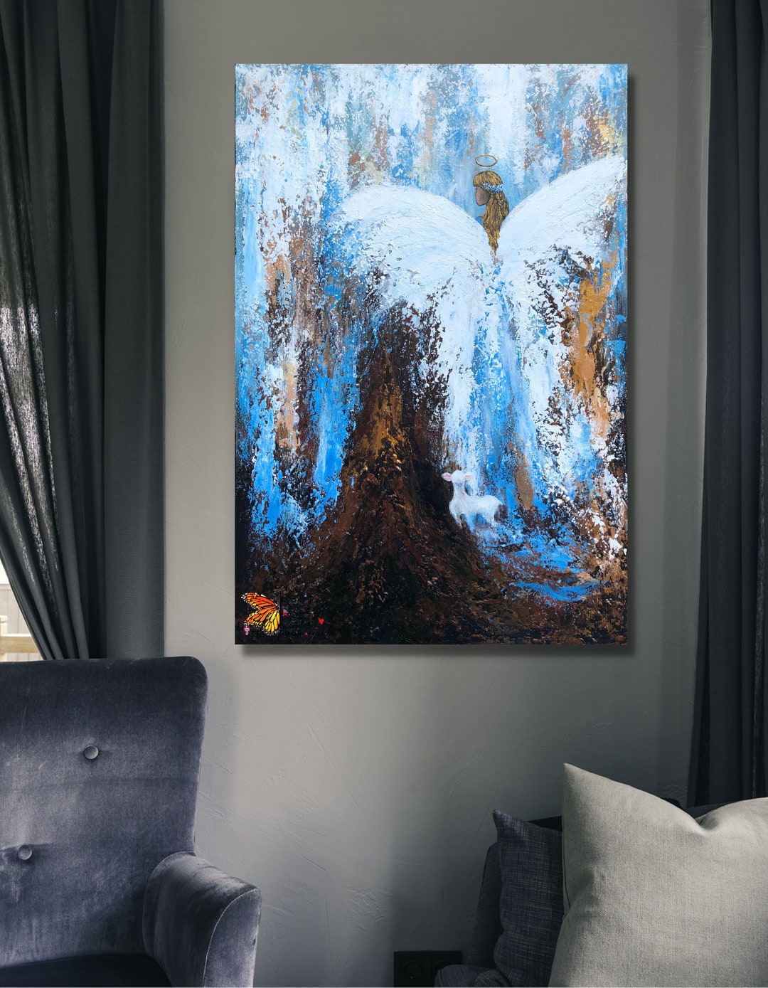 Original Angel Painting, Angel Painting on Canvas, Guardian Angel Art ...