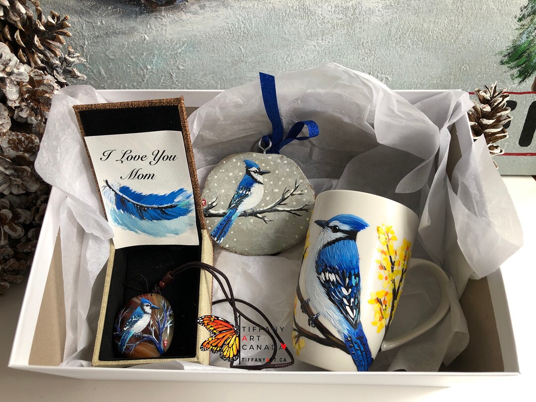 Hand Painted Blue Jay Gift Set: Mug, Ornament & Agate Pendant - Etsy