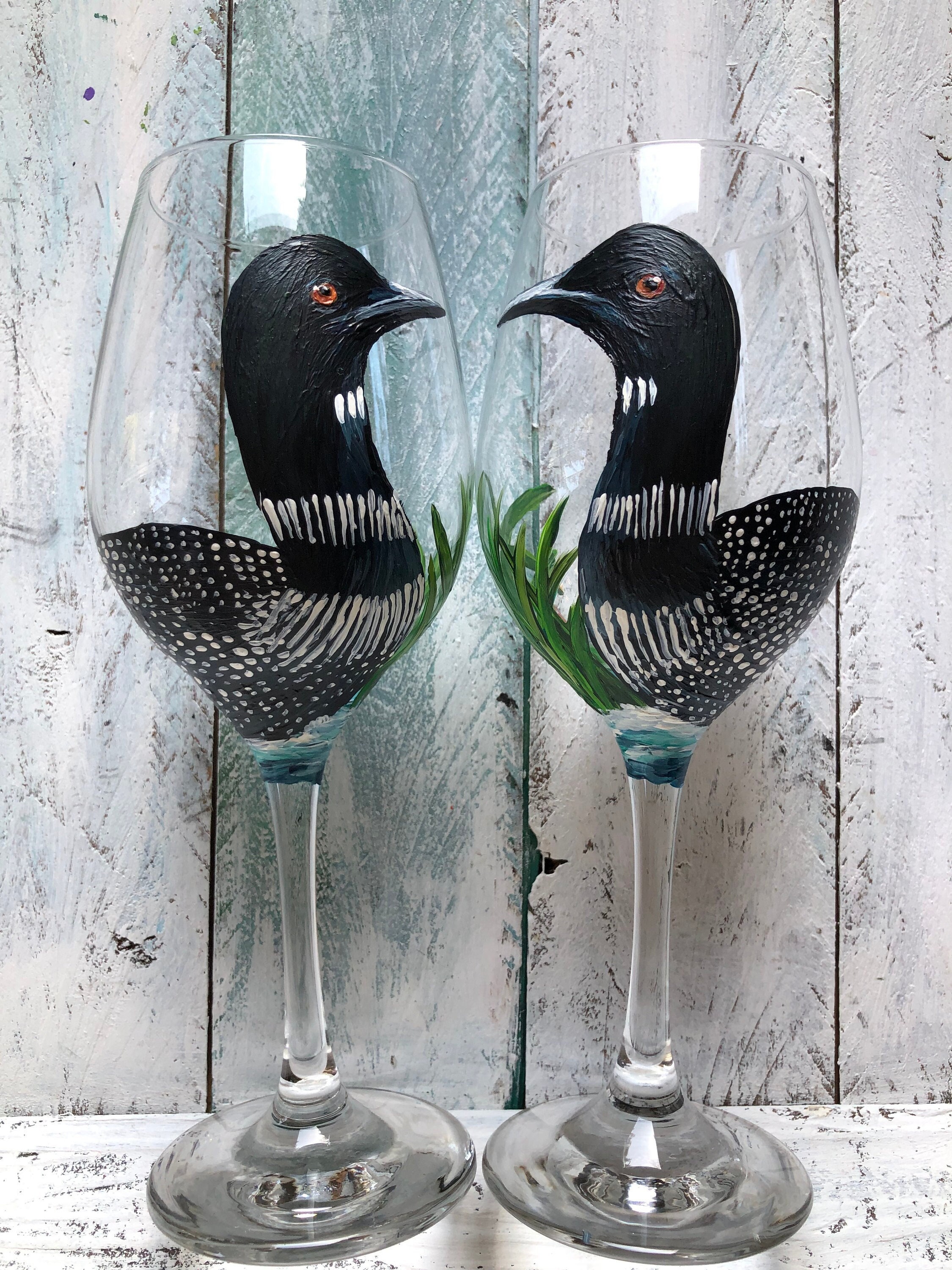 Hand Painted Loon Wine Glass Loon Stemless Wine Glass - Etsy