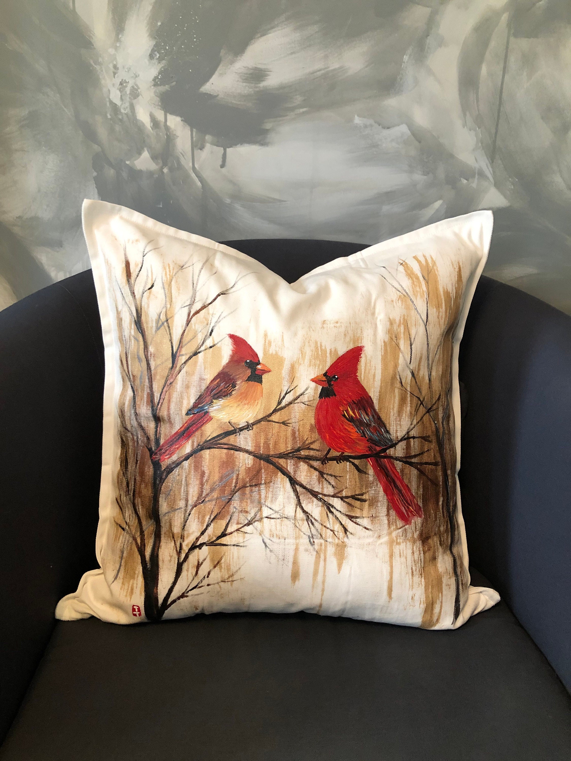 Red Cardinal Bird Hand Painted Pillow Cardinal Pillow Cover - Etsy