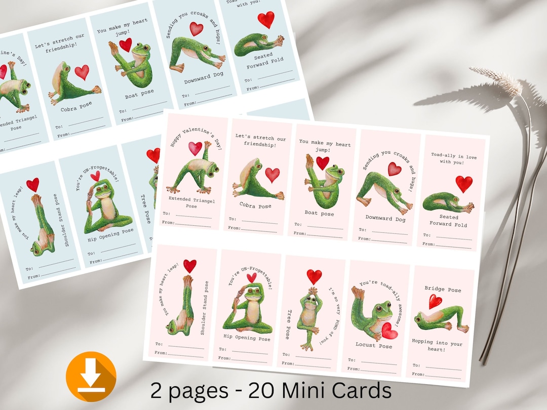 20 Mini Frog Valentine Cards, Hoppy Valentine, Printable Yoga Frog Card ...