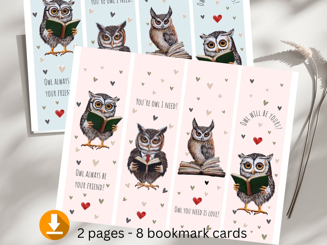 Digital 8 Owl Valentines Bookmark Cards, Owl Valentines, Owl Valentine ...