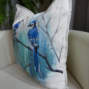 Hand Painted Pillow, Blue Jay Pillow, Bird Pillow, Blue Jay Gift, Blue ...