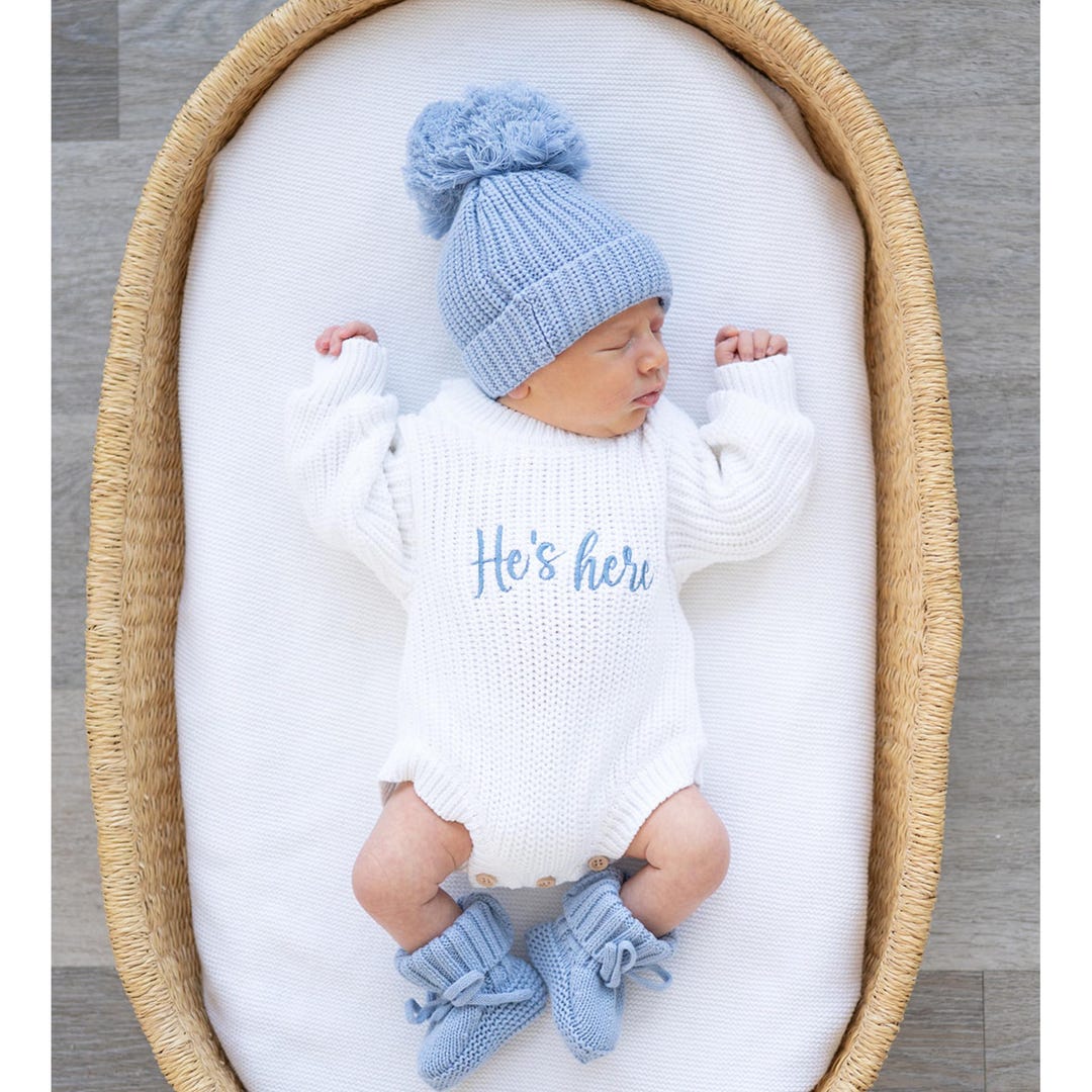 He’s Here Outfit, Newborn Baby Boy Romper, Sweater Romper, Newborn ...