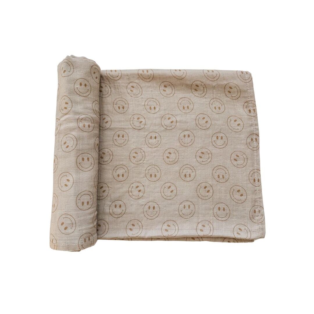 Smiley Face Bamboo Muslin Swaddle Blanket, Baby Blanket, Gender Neutral ...