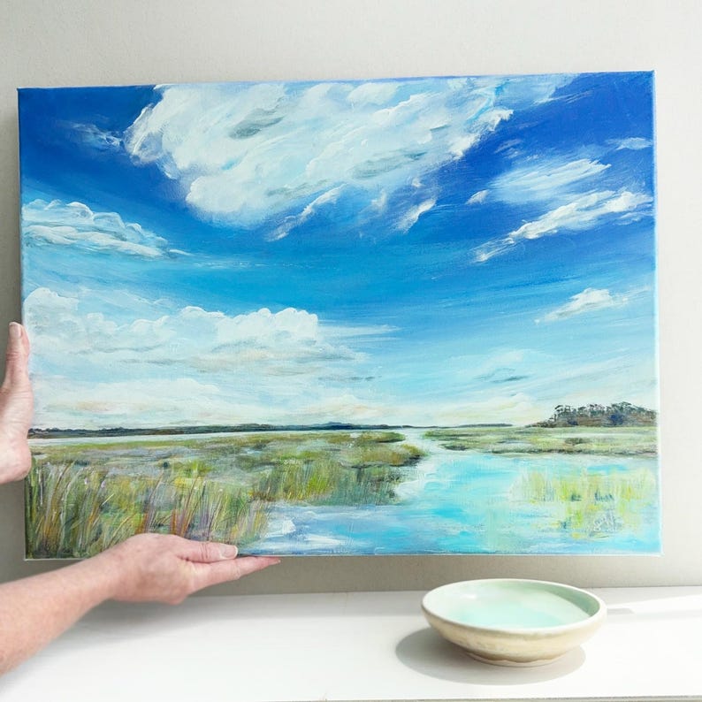 Blue Sky and Marsh Handpainted Coastal Painting, 24x18 Original Acrylic ...