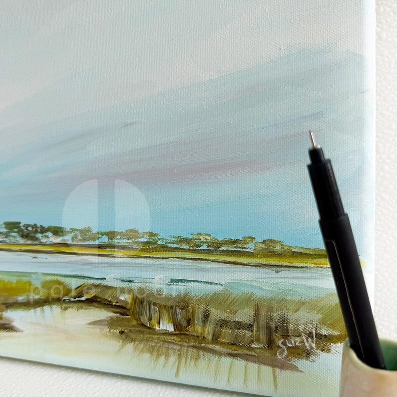 Blue Sky Marsh Painting Original 20x10 Panoramic Coastal Landscape ...