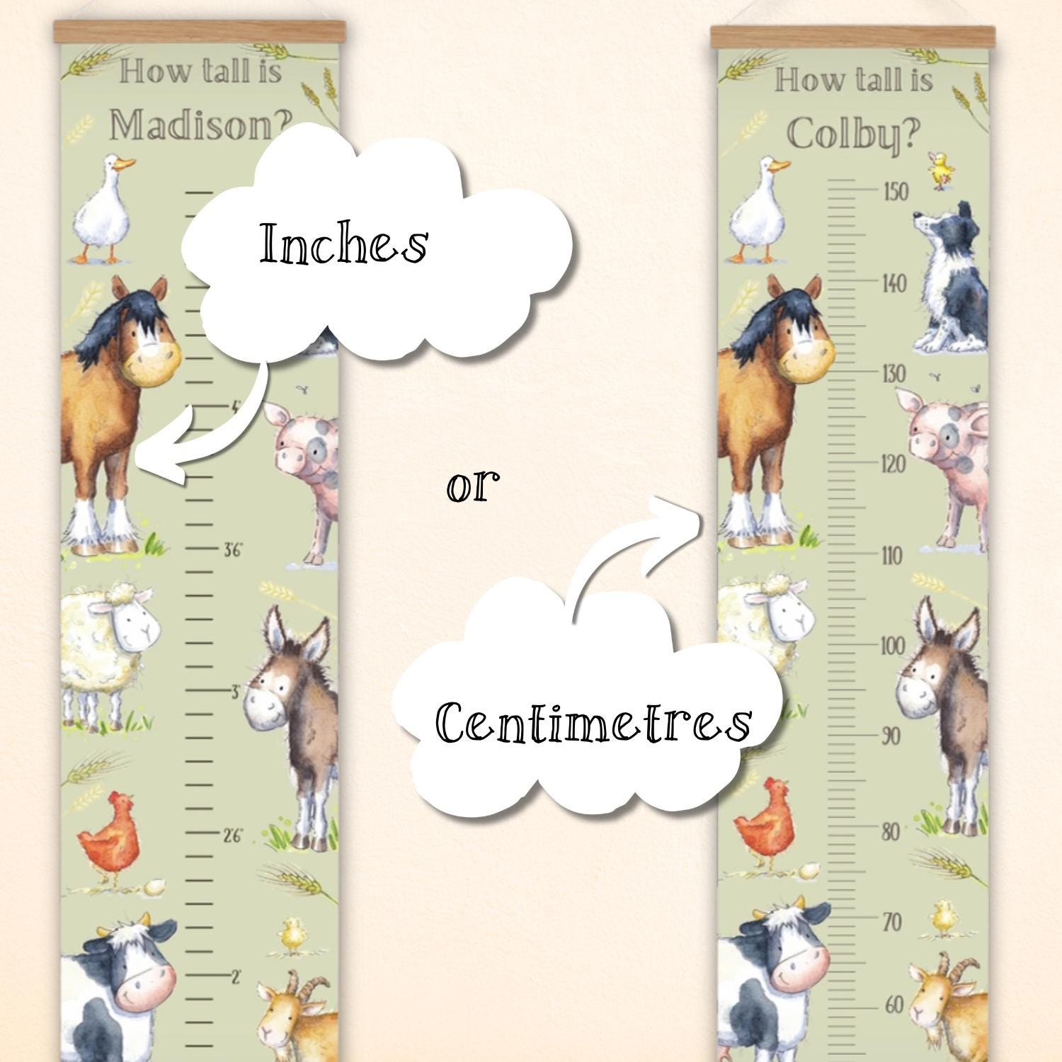 Farm Animals Growth Chart - Personalised Childrens Height Chart, Unique ...