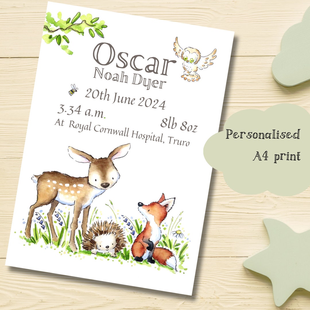 Woodland Animal Personalised Name Print, Baby Gift With Birth Details ...