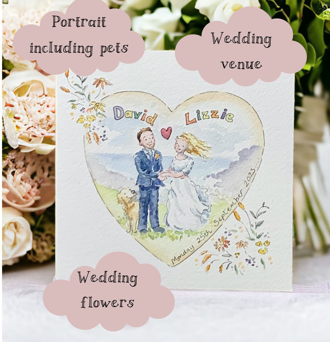 Handpainted Watercolour Wedding Card, Bride and Groom Portrait, Unique ...
