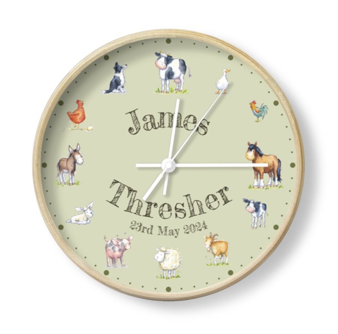 Farm Animals Nursery Clock Personalised With a Name and Date, Unique ...