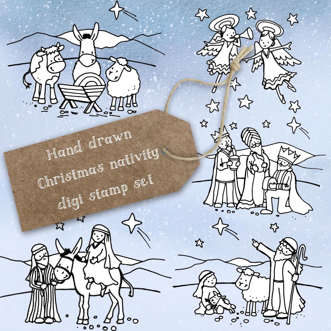 Hand Drawn Christmas Nativity Set, Digi Stamp, Christmas Scene Clipart ...