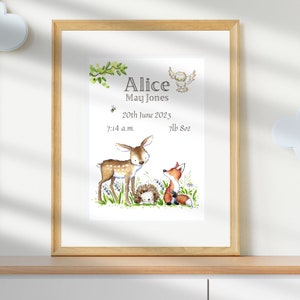 Woodland Animal Personalised Name Print, Baby Gift With Birth Details ...