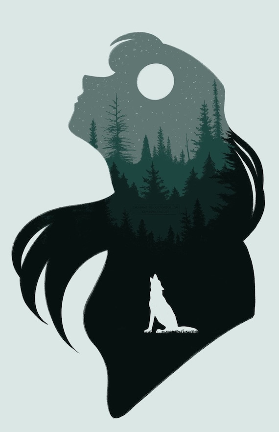 Wolf Girl Art Print Postcard Forest Moon Nighttime Nature - Etsy