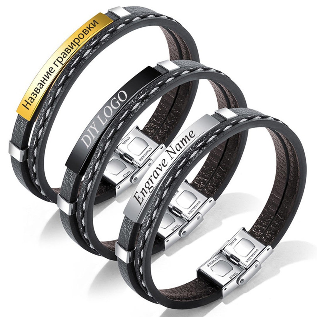 Stainless Steel Rope Chain Leather Wristband Bracelet Customized Laser ...