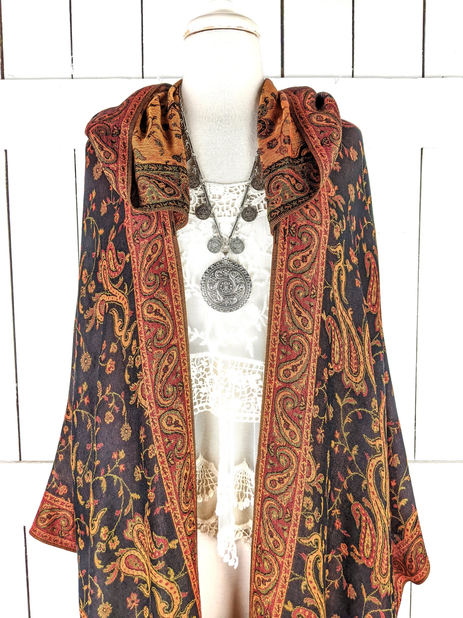 Hooded Black and Orange Paisley Pashmina Kimono Cover up Jacket With ...