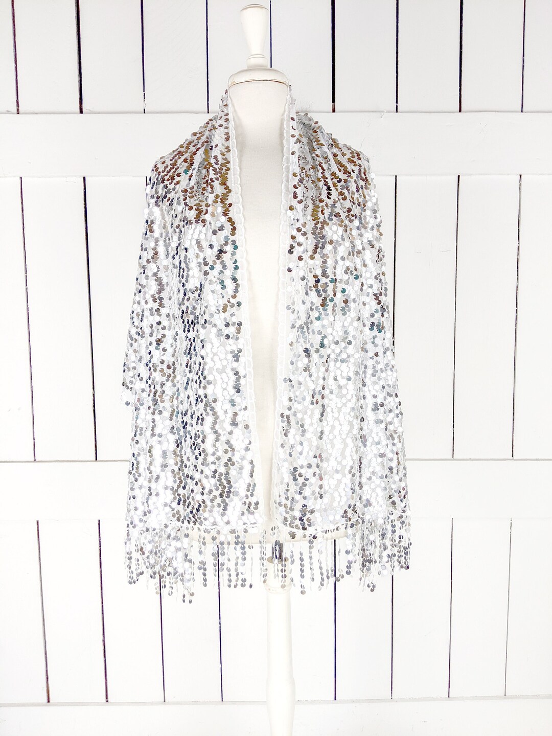 Silver Sequin White Sheer Net Fringe Tassel Shawl Scarf - Etsy