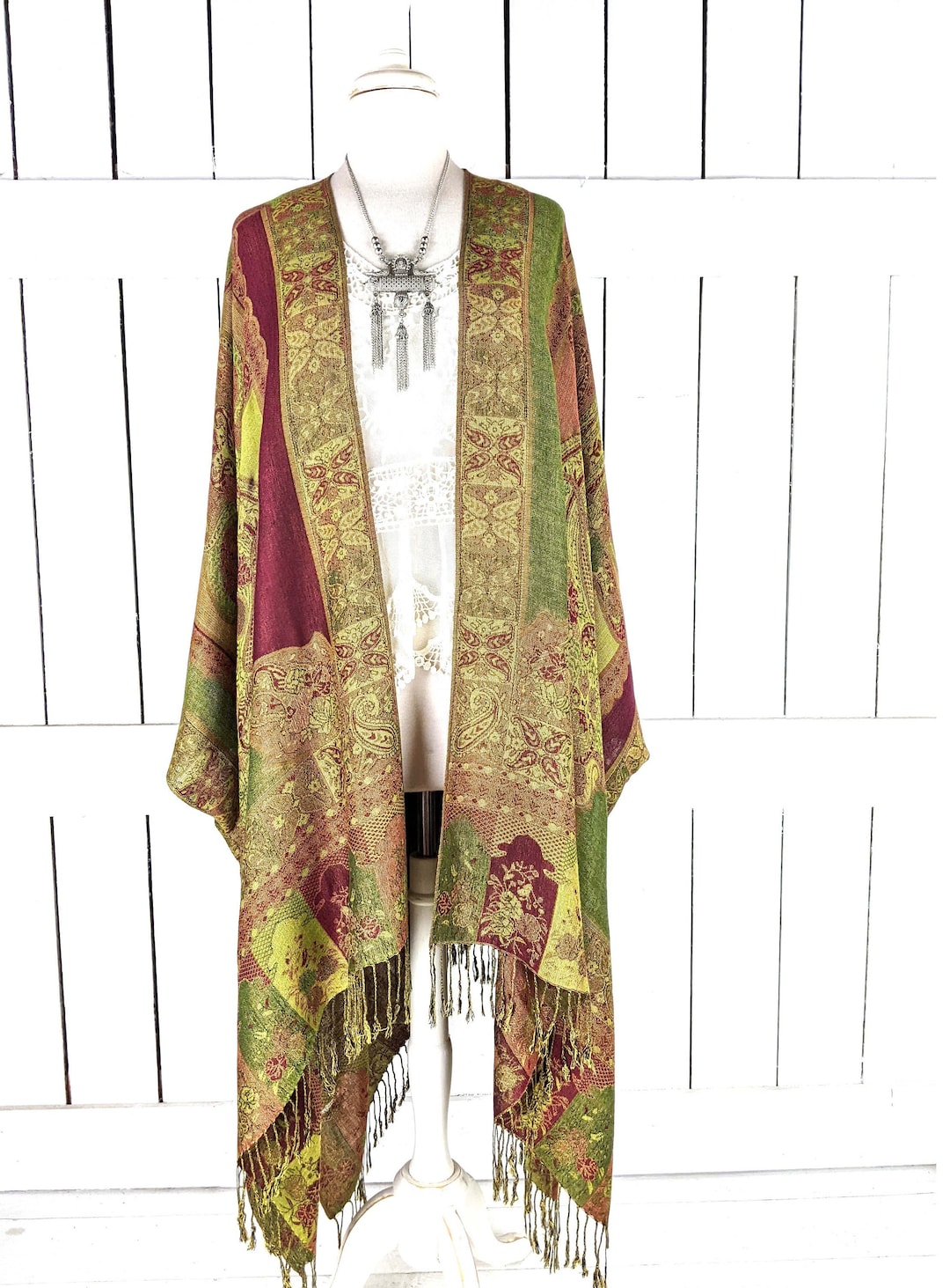 Green Burgundy Paisley Floral Pashmina Kimono Cover up Jacket With ...