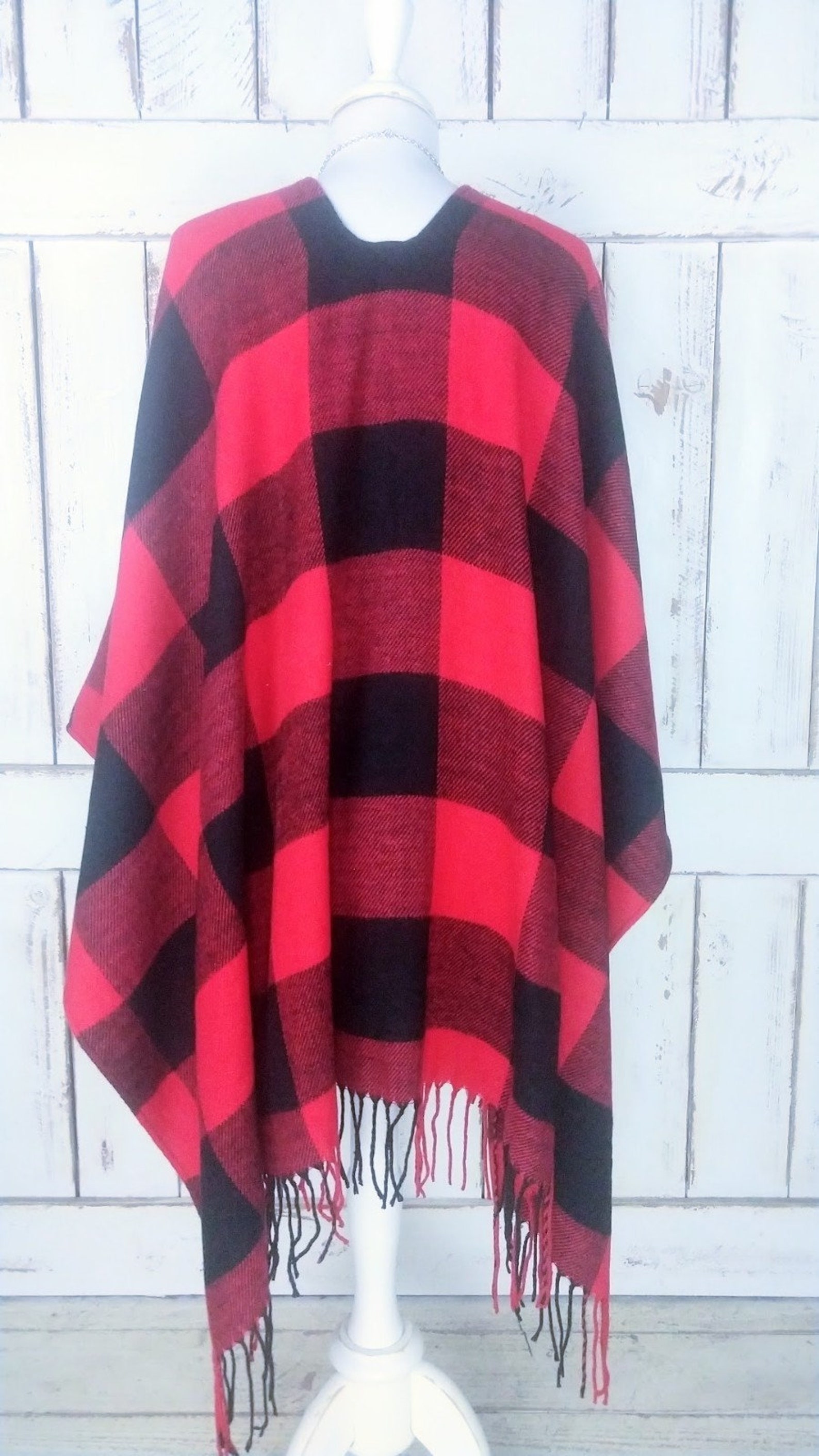 Buffalo Plaid Red/black Checkered Woven Fringe Blanket Kimono - Etsy
