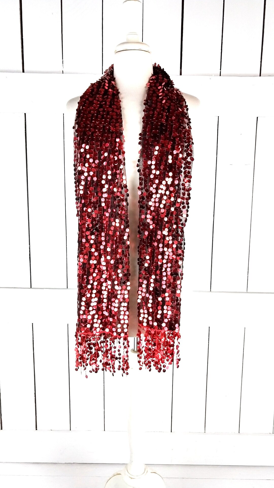 Red Sequin Black Sheer Net Fringe Tassel Shawl Scarf - Etsy