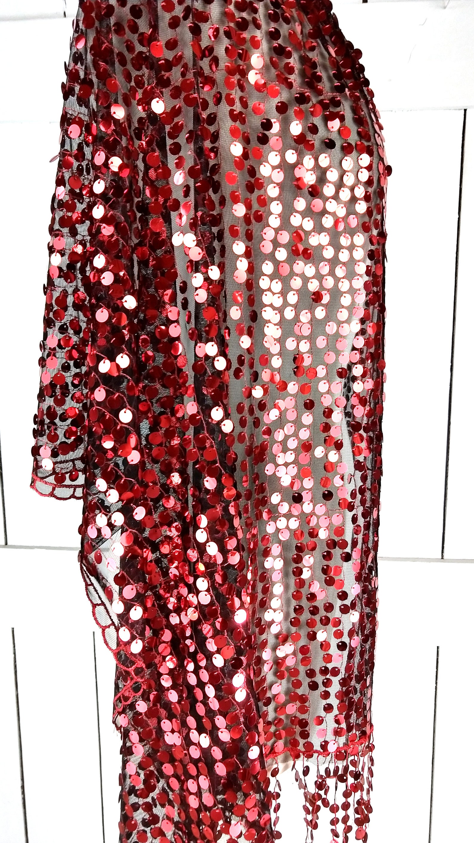 Red Sequin Black Sheer Net Fringe Tassel Shawl Scarf - Etsy