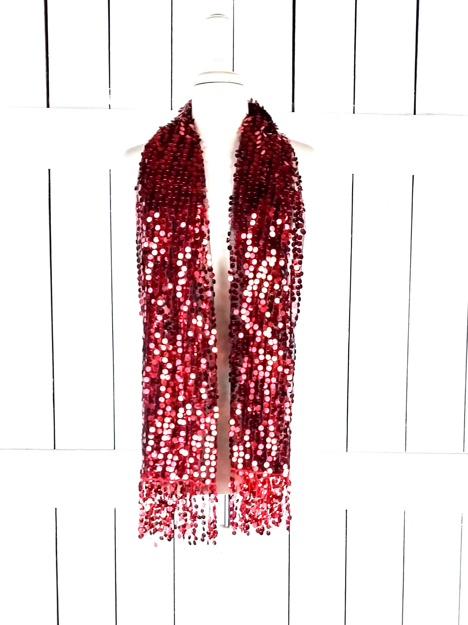 Red Sequin Black Sheer Net Fringe Tassel Shawl Scarf - Etsy