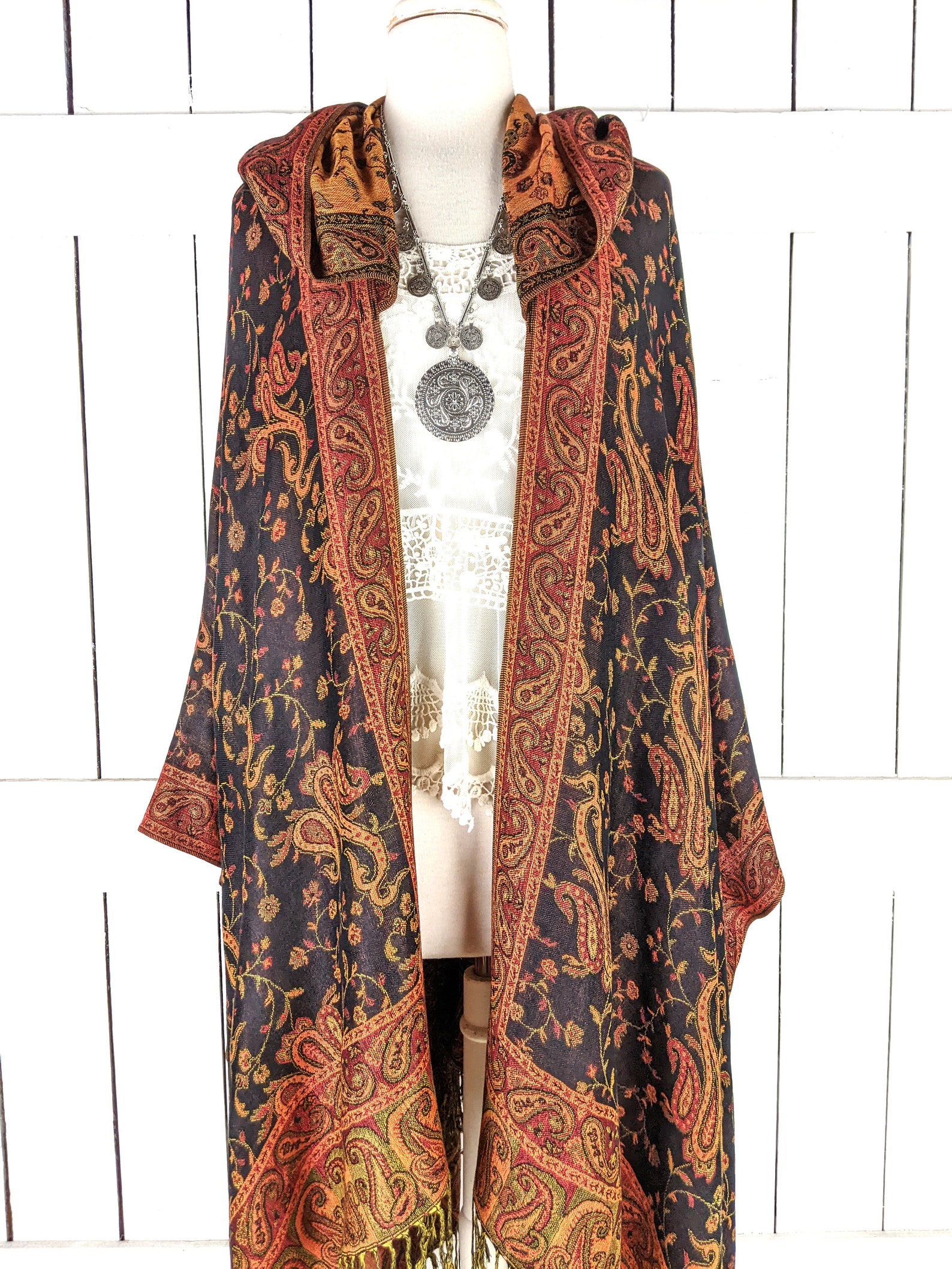 Hooded Black and Orange Paisley Pashmina Kimono Cover up Jacket - Etsy