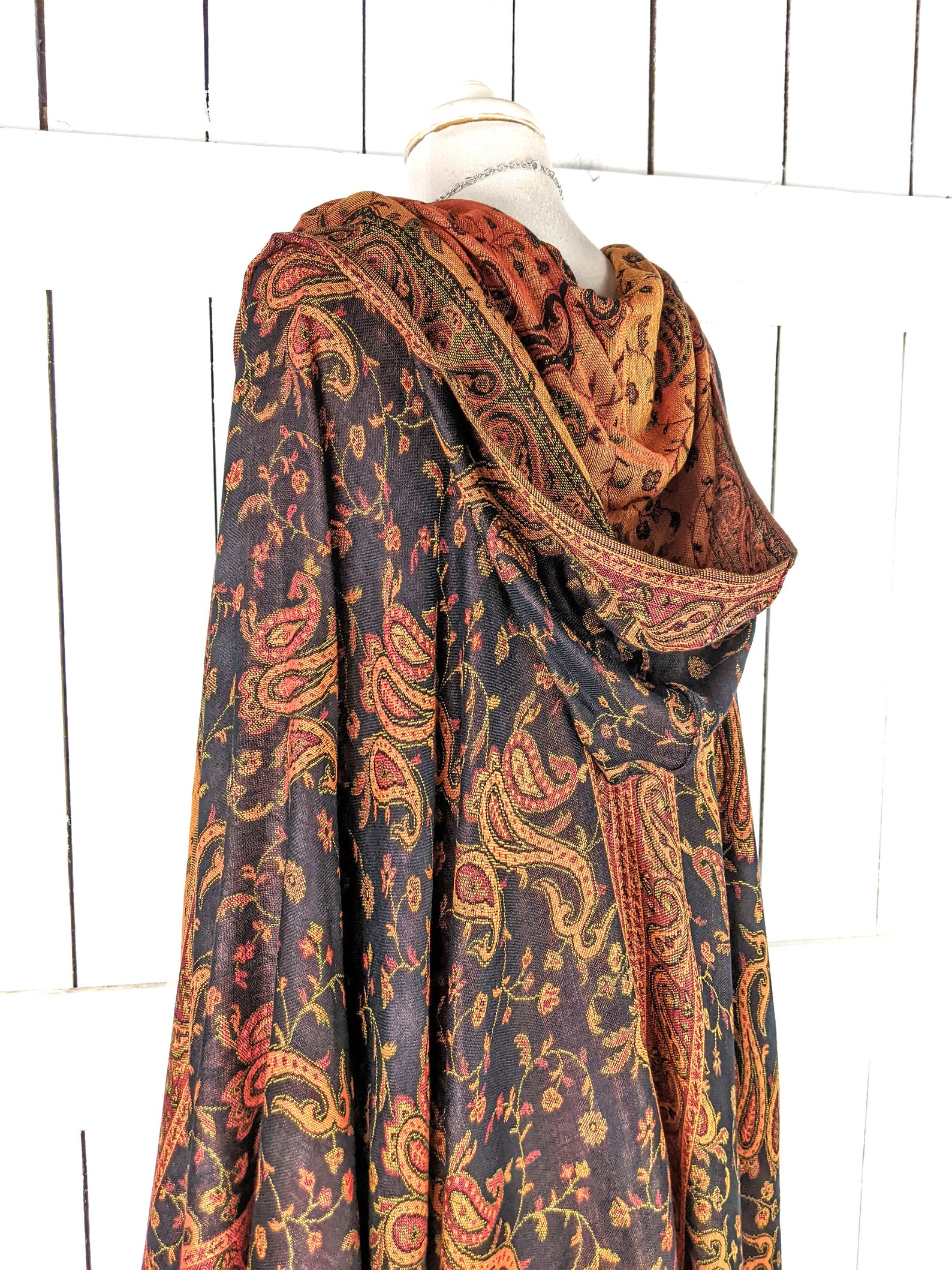 Hooded Black and Orange Paisley Pashmina Kimono Cover up Jacket With ...