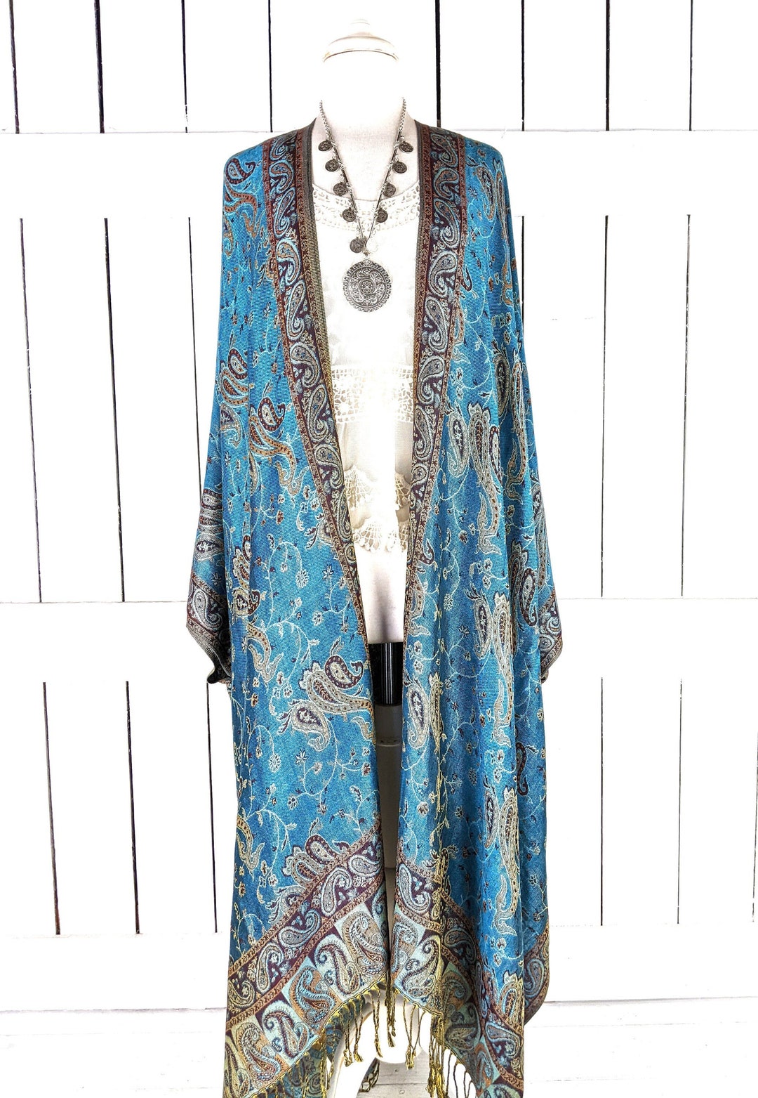 Maxi Blue and Gold Pashmina Kimono Cover up Jacket With Custom Length ...