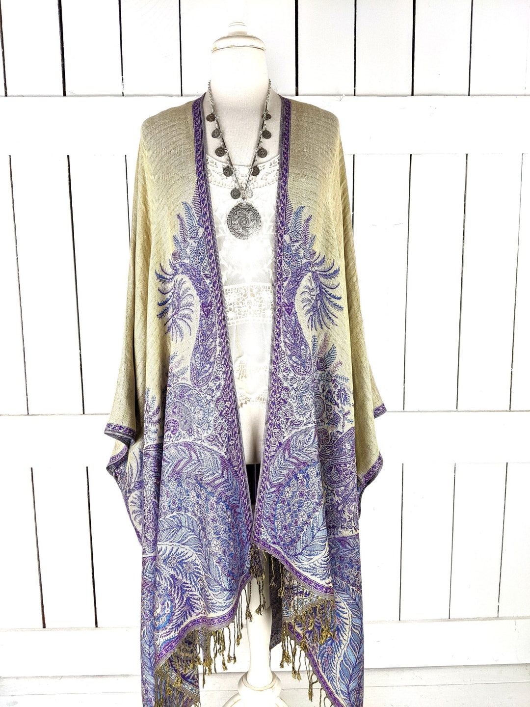 Beige and Purple Floral Reversible Pashmina Kimono Cover up Jacket With ...
