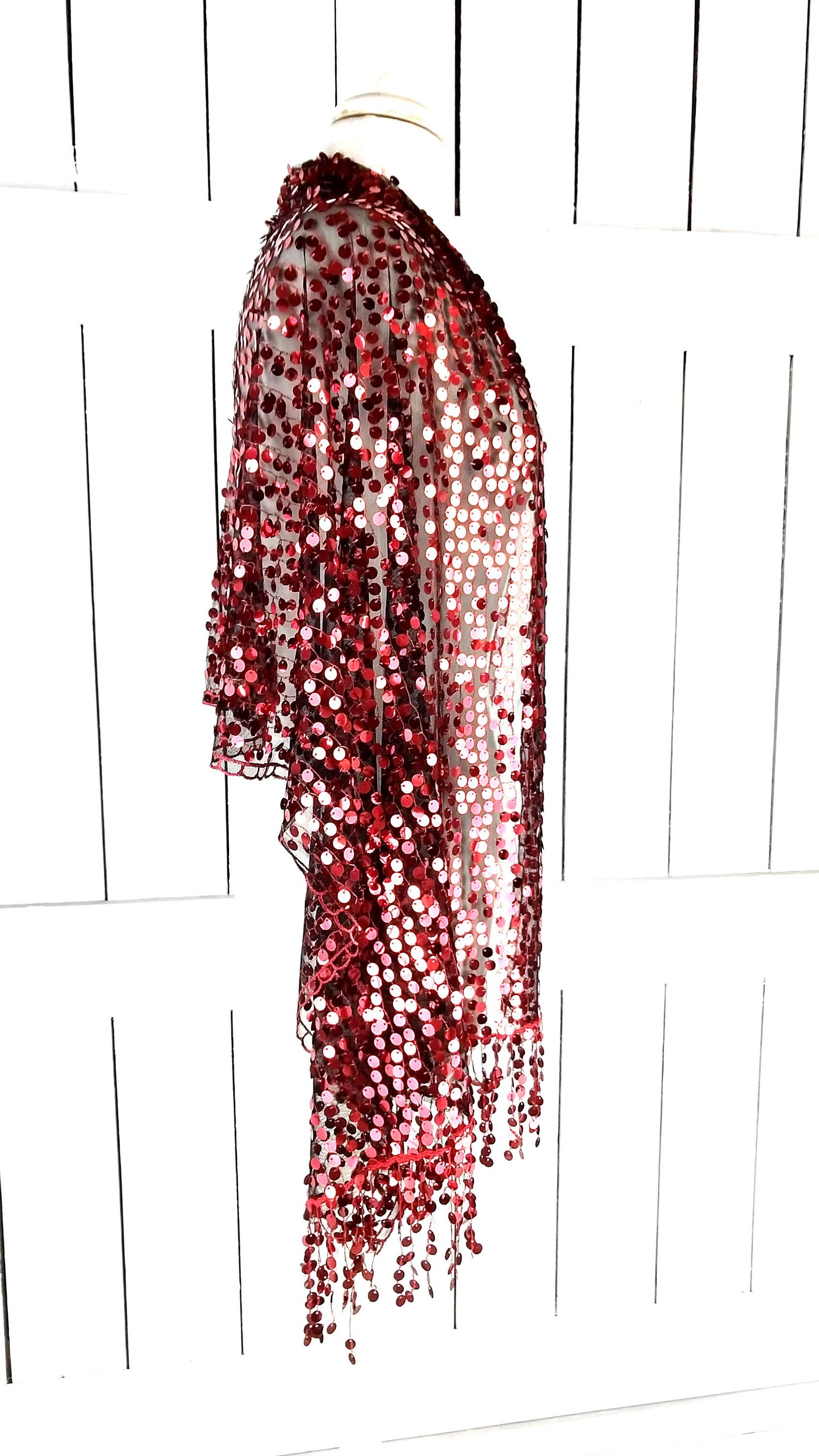 Red Sequin Black Sheer Net Fringe Tassel Shawl Scarf - Etsy