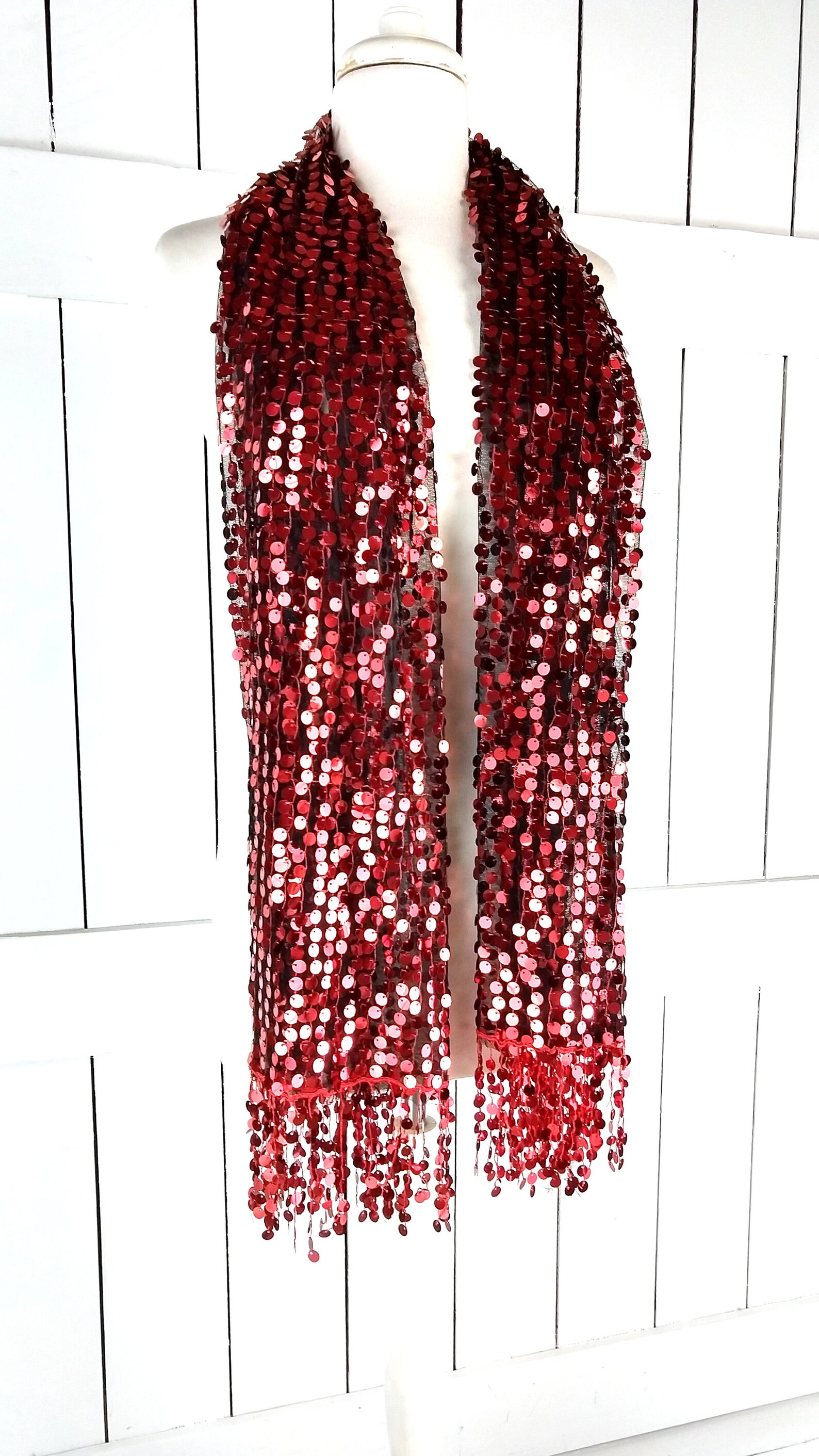 Red Sequin Black Sheer Net Fringe Tassel Shawl Scarf - Etsy