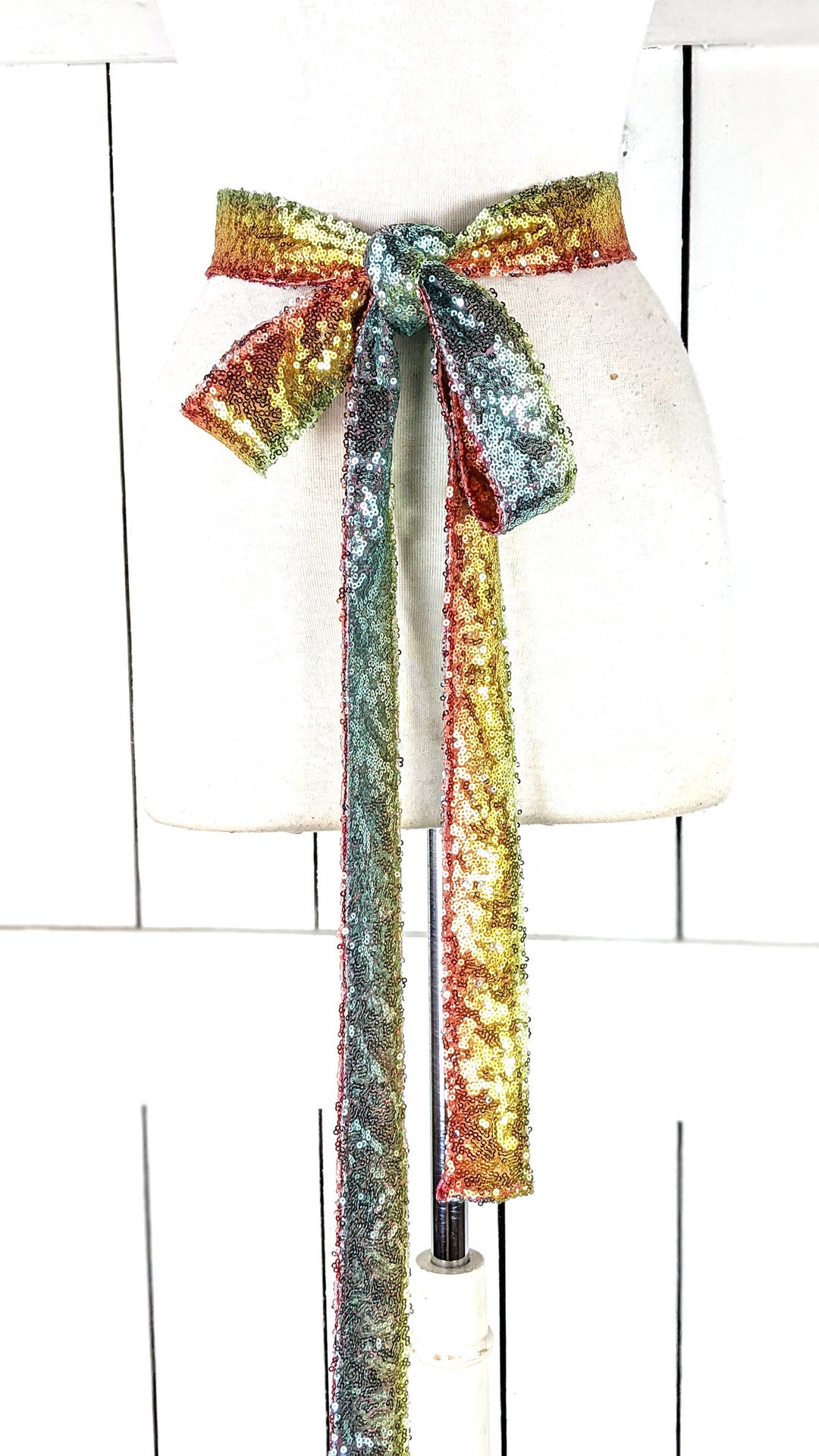 Rainbow Sequins Skinny Long Sash Tie Necklace Choker Belt - Etsy