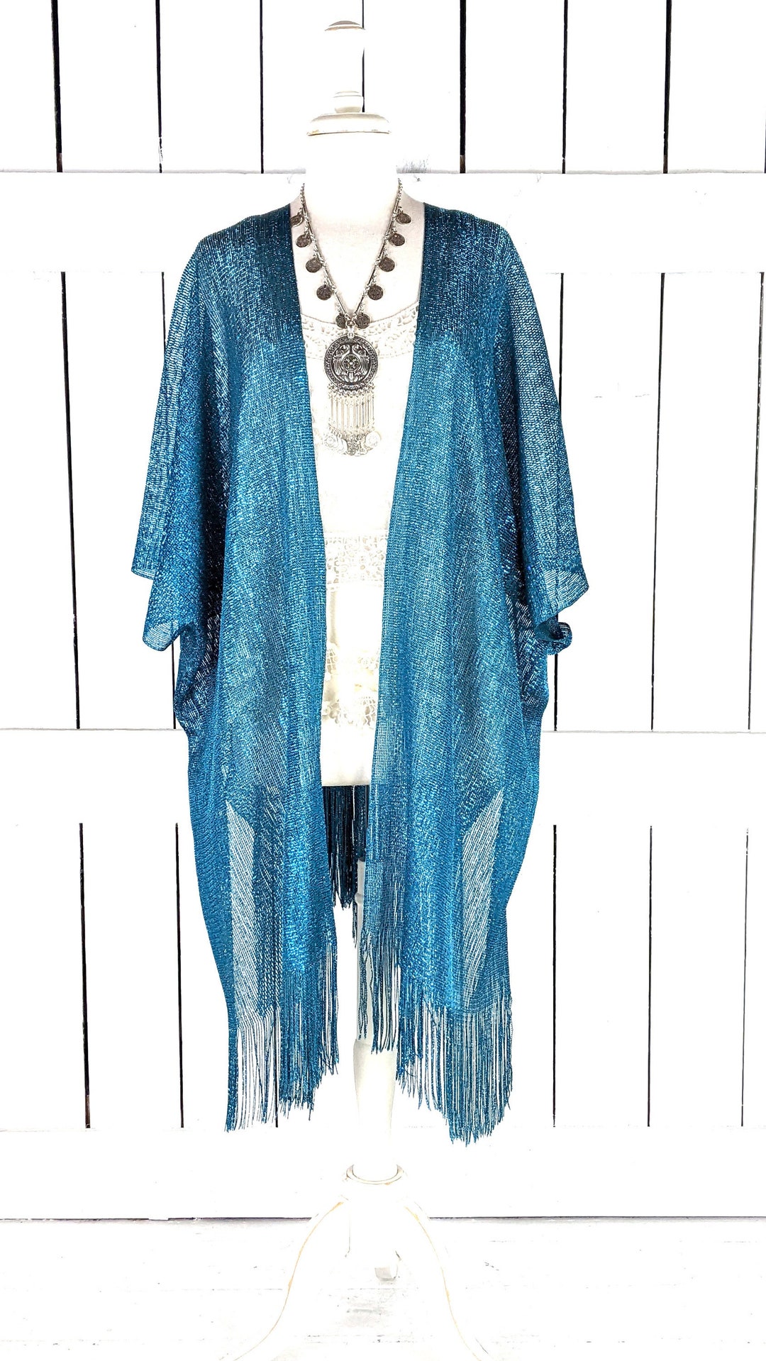 Metallic Mesh Kimono Cover up Jacket With Custom Sleeve and Fringe ...