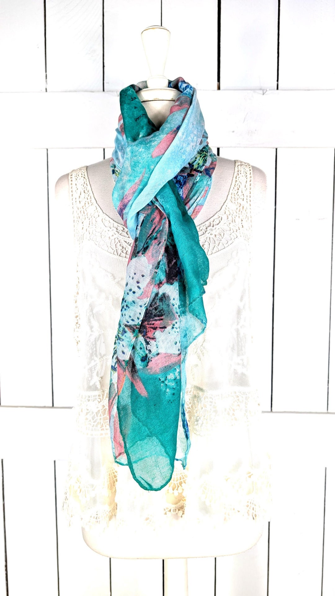 Sheer Blue Green Floral Gauzy Wrap Shawl Scarf - Etsy
