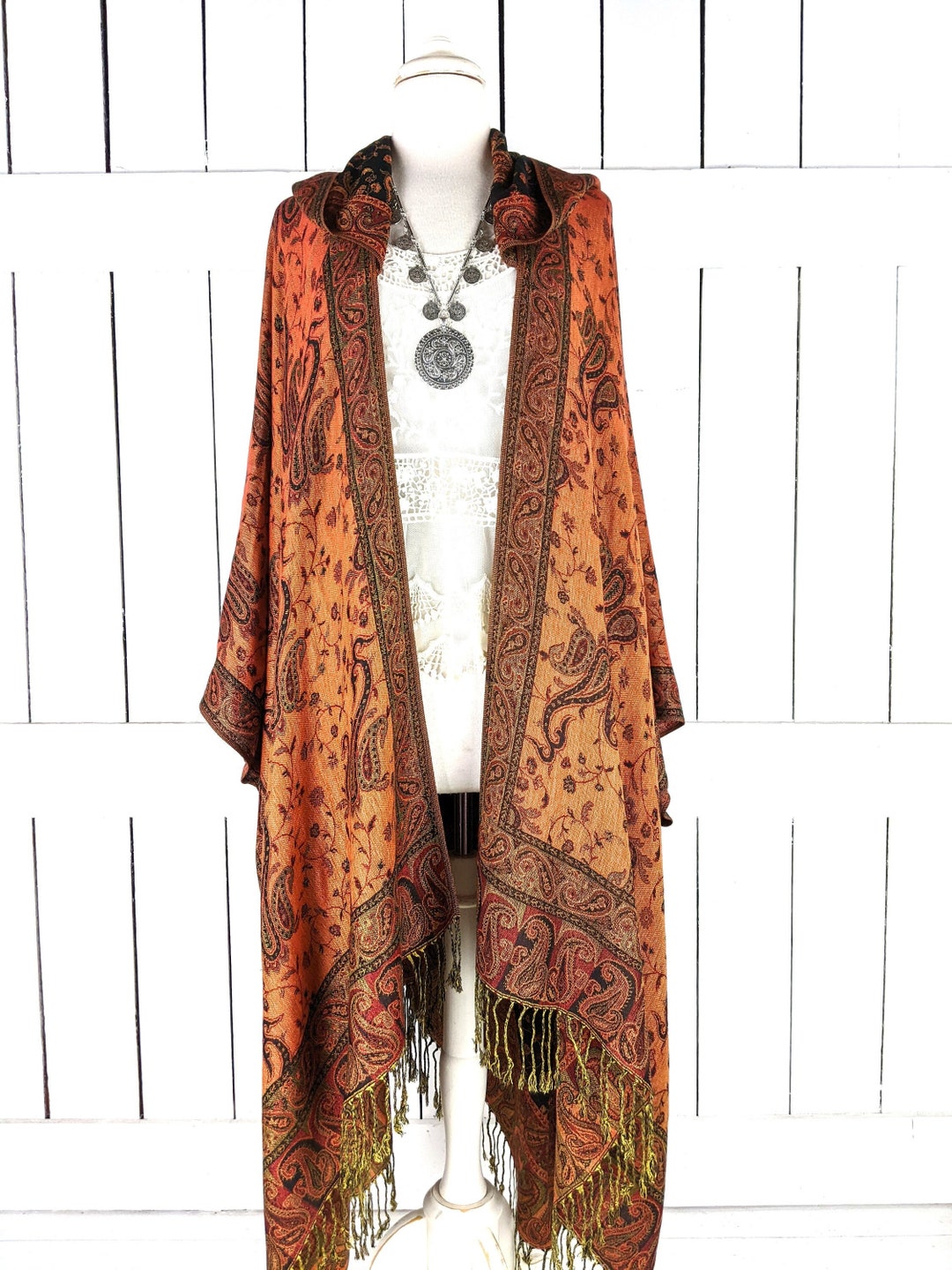 Hooded Orange and Black Paisley Pashmina Kimono Cover up Jacket With ...
